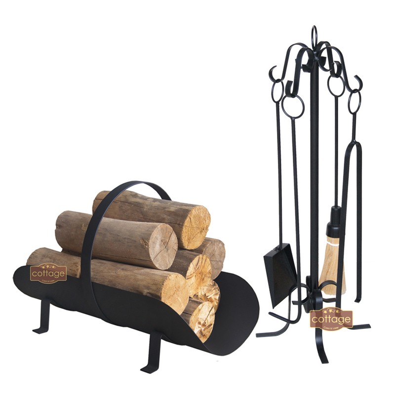 Kit Porta-lenha e Conjunto de Limpeza S para Lareira | Cottage Casa & Lazer